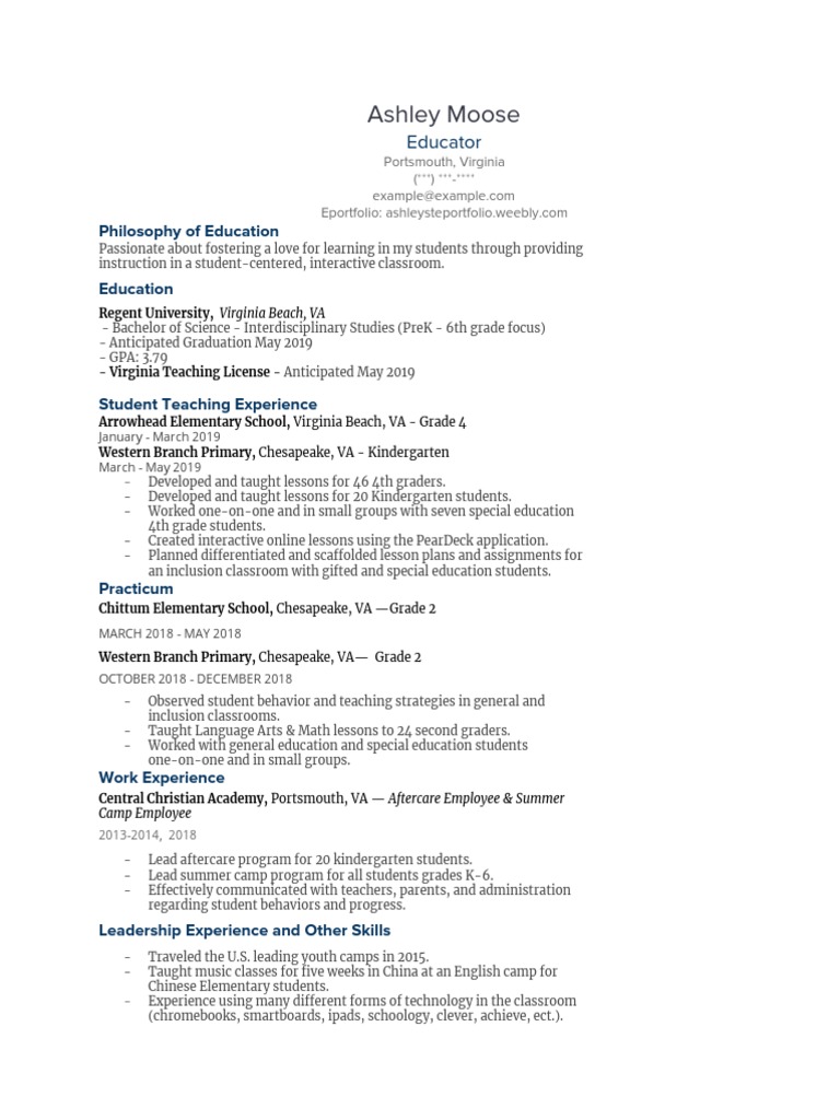 Ued496 Moose Ashley Resume-3 | PDF | Inclusion (Education) | Teachers