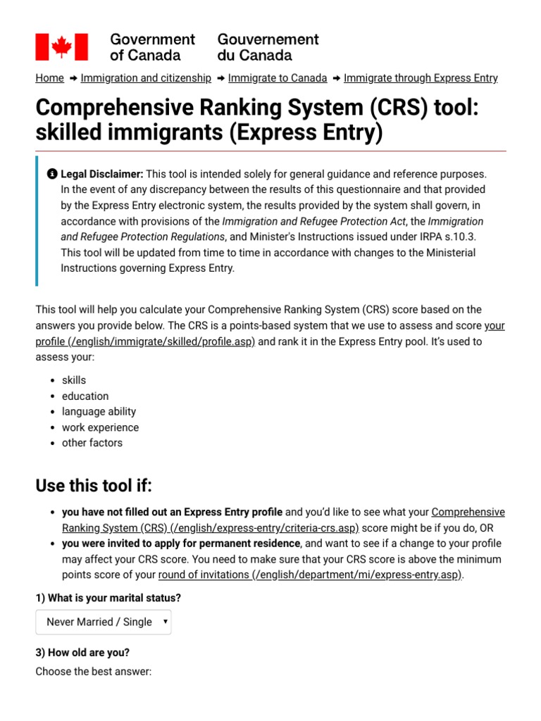 Comprehensive Ranking System (CRS) Tool: Skilled Immigrants (Express ...
