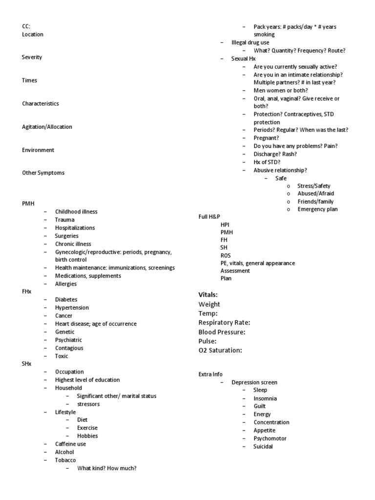 H&P Cheat Sheet | Download Free PDF | Pregnancy | Stress (Biology)