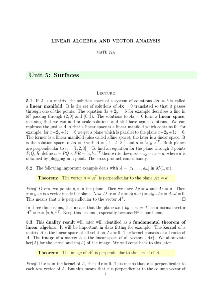 Unit 5: Surfaces: Math 22A | PDF | Vector Space | Plane (Geometry)