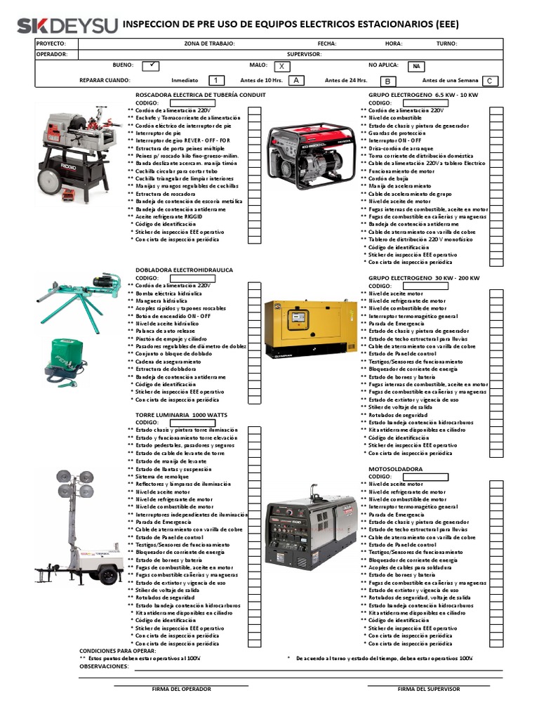 Formato de Pre Uso de Equipos Electricos Estacionarios (Eee) | PDF ...