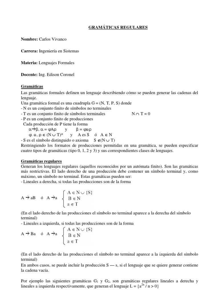 Gramáticas Regulares en Lenguajes Formales | PDF | Metalogica | Gramática