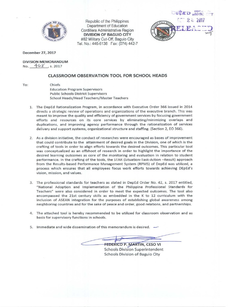 Division Memo No. 468 S. 2017 Classroom Observation Tool for School Heads