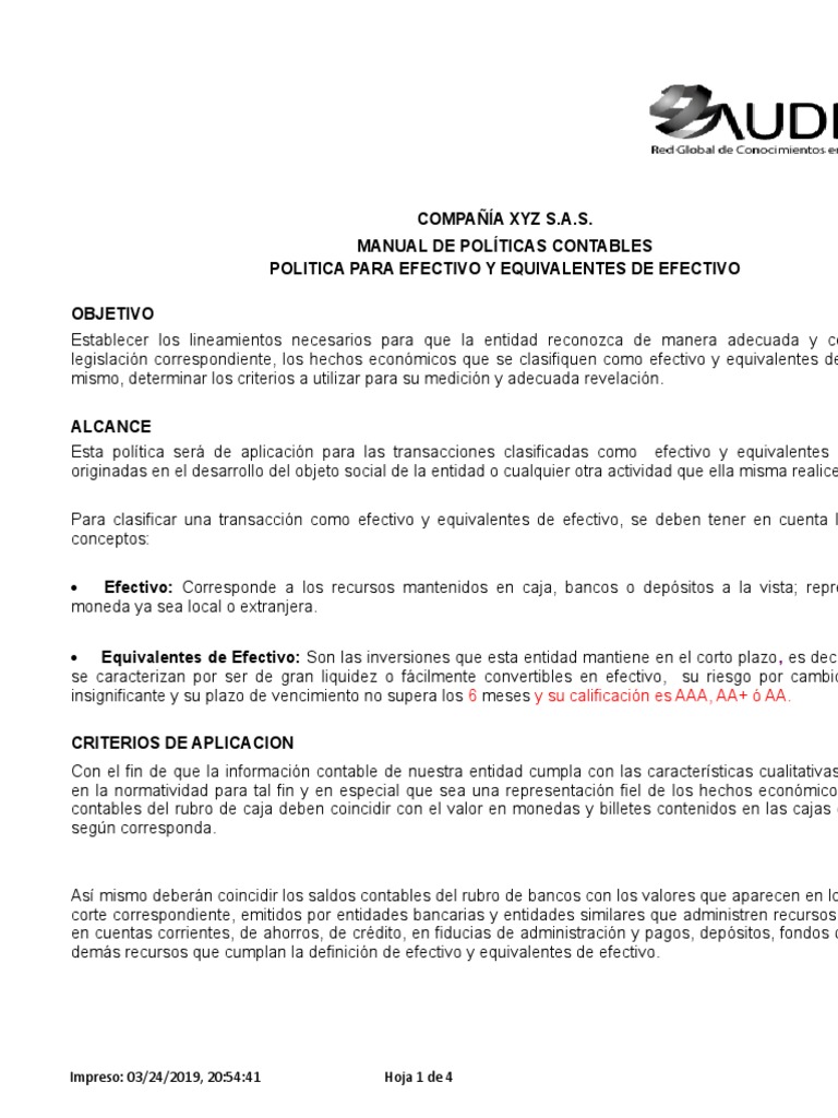 DA12 Manual de Politicas Contables Efectivo y Equiv | Contabilidad ...