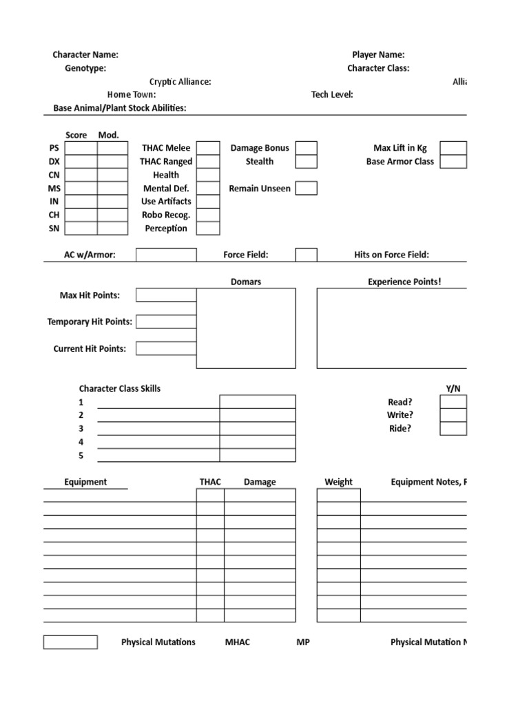 Gamma World Blank Character Sheet | PDF | Leisure Activities ...