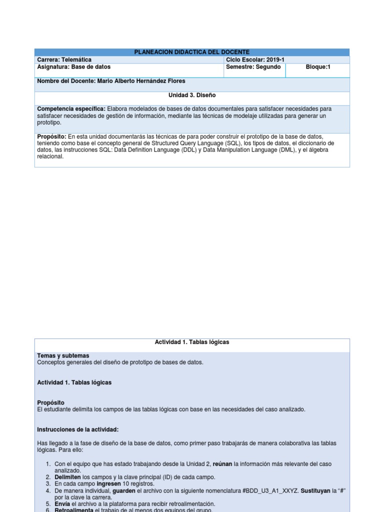 KBDD Planeacion de Actividades U3 | PDF | SQL | Bases de datos
