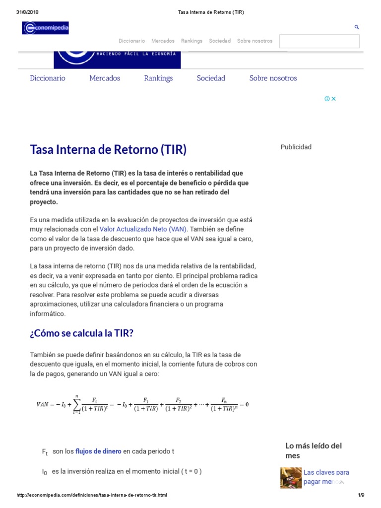 Calculo Del Tir | PDF | Tasa interna de retorno | Valor presente neto