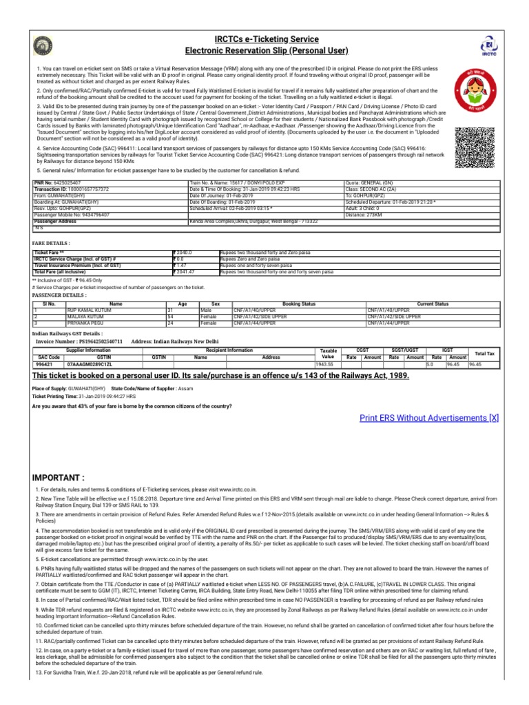 IRCTC e-Ticketing Service Details | PDF | Identity Document | Ticket ...