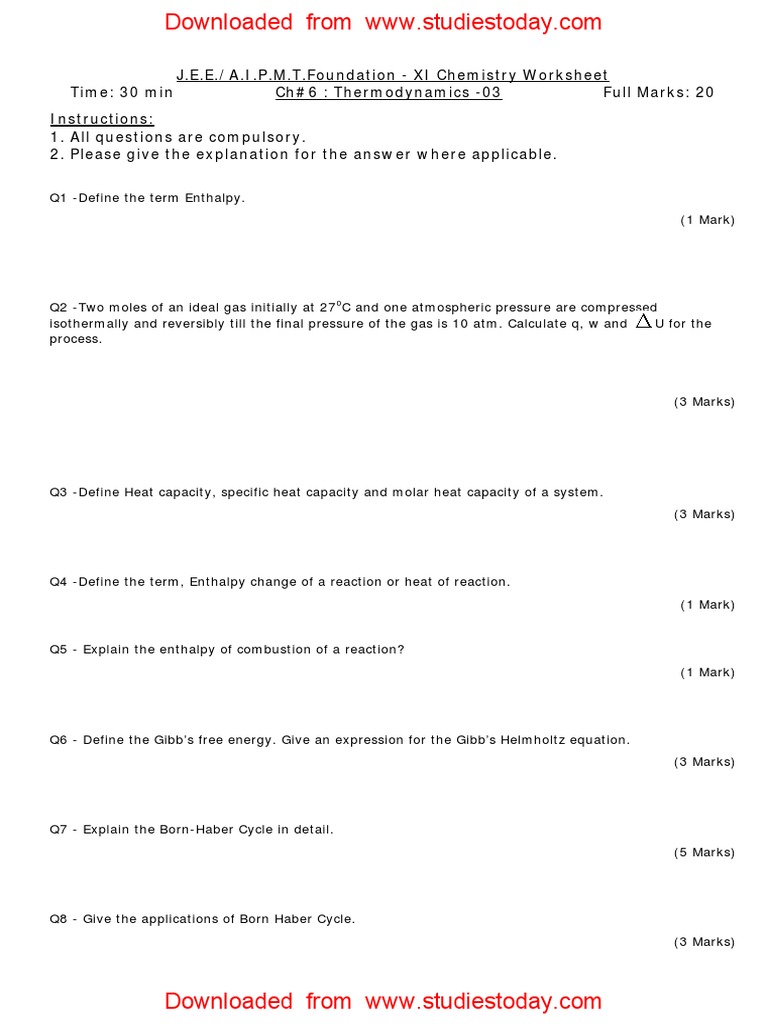CBSE Class 11 Chemistry Worksheet - Thermodynamics | PDF | Enthalpy | Heat