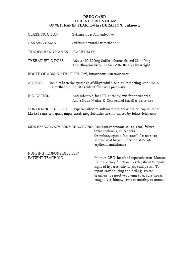 Bactrim Drug Card and Side Effects | PDF | Science & Mathematics