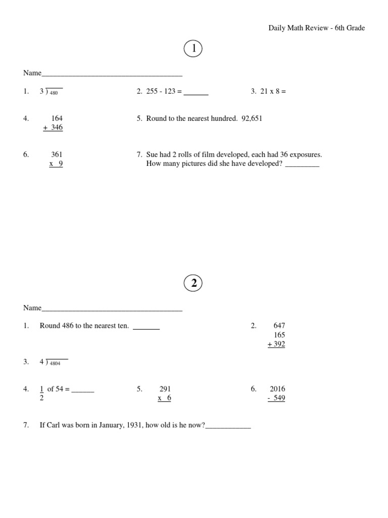 Daily Math Review Sheets Grade 6 | PDF | Fraction (Mathematics ...