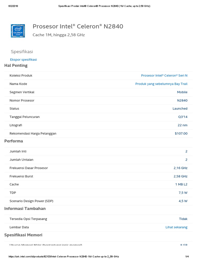 Spesifikasi Produk Intel® Celeron® Processor N2840 (1M Cache, Up To 2 | PDF