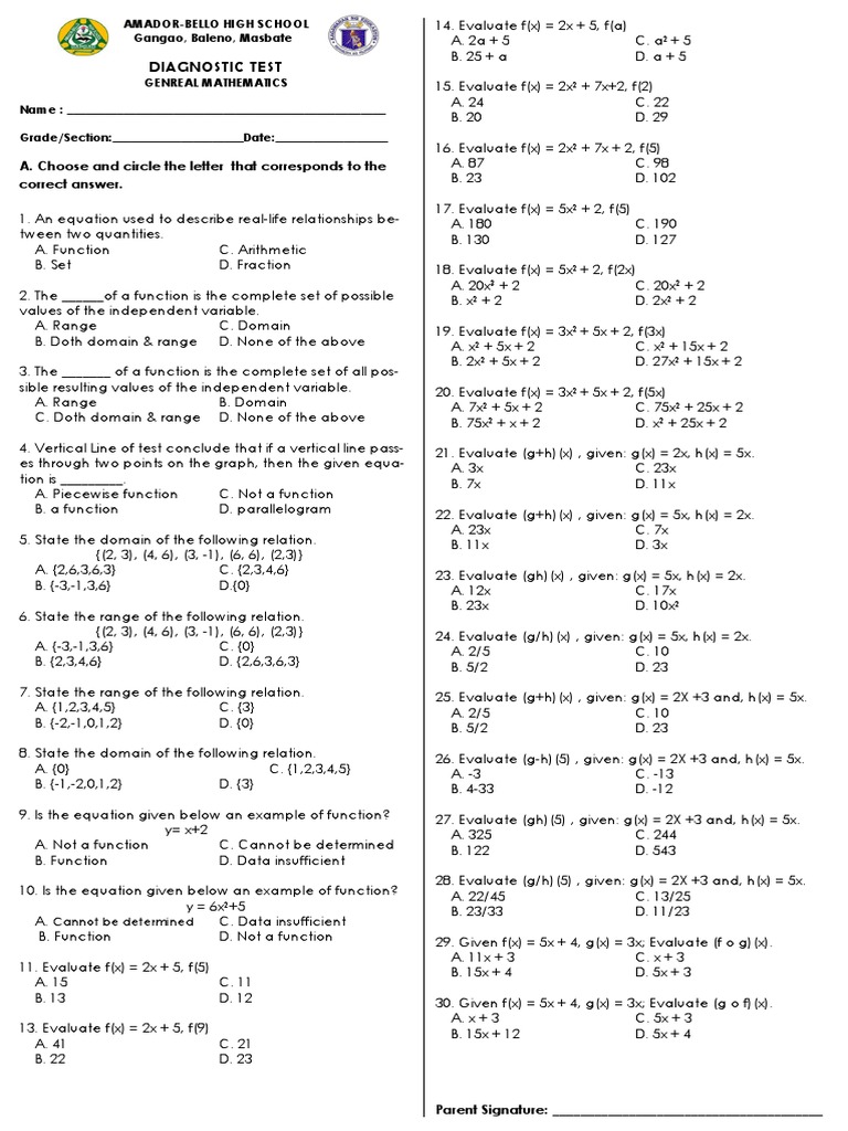 General Mathematics DIAGNOSTIC TEST | PDF | Function (Mathematics ...