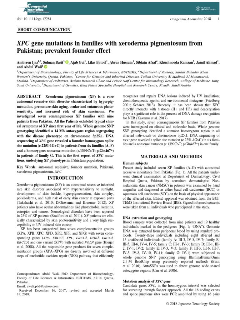 XPC Gene Mutations in Families With Xeroderma Pigmentosum From Pakistan ...