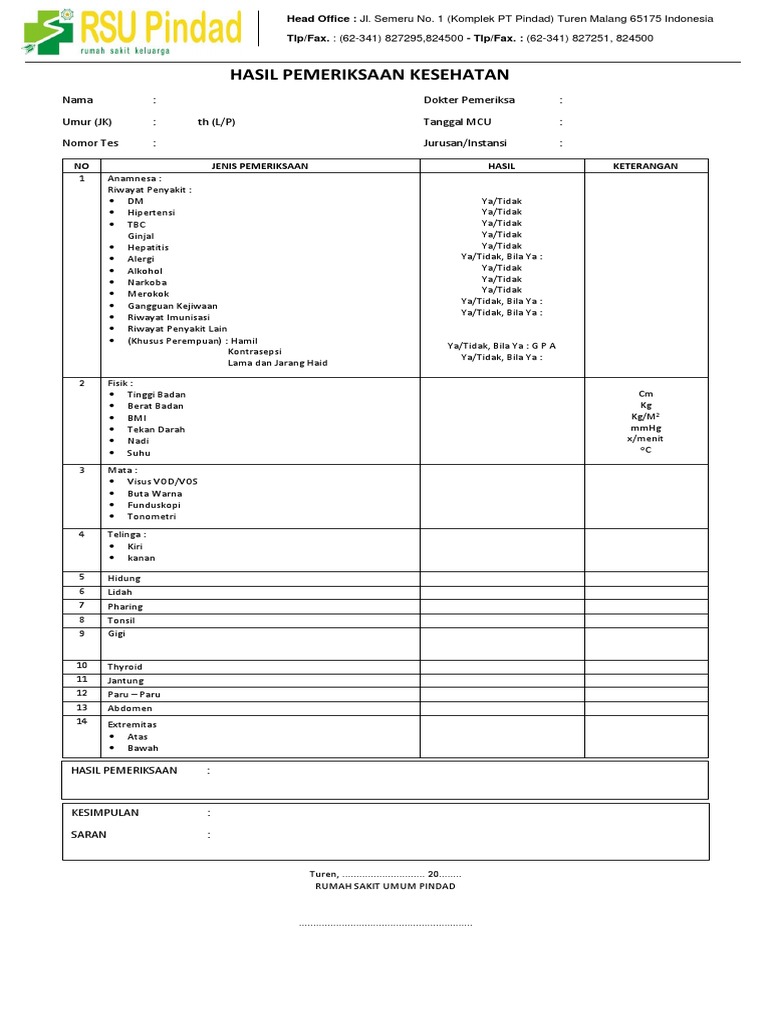 Contoh Hasil Medical Check Up | PDF
