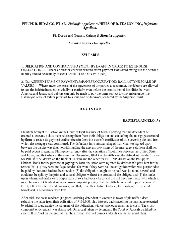 Hidalgo v. Heirs of Tuazon | PDF | Debt | Loans