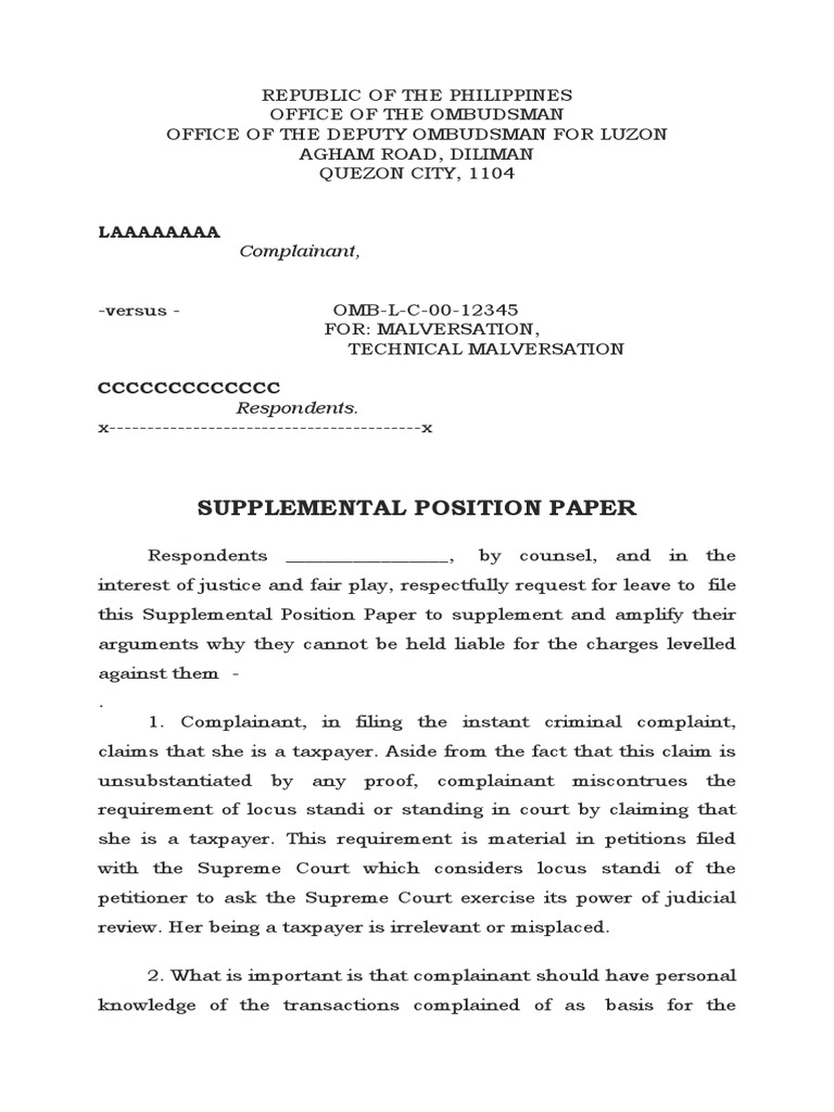 Sample Position Paper OMB | PDF | Standing (Law) | Affidavit