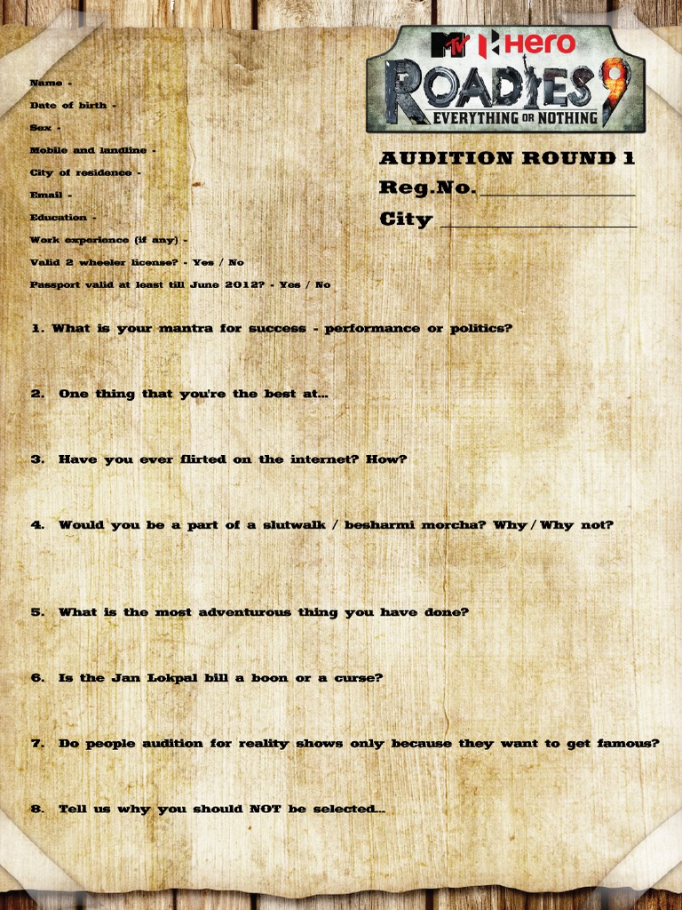 Roadies 9 Audition Form PDF | PDF