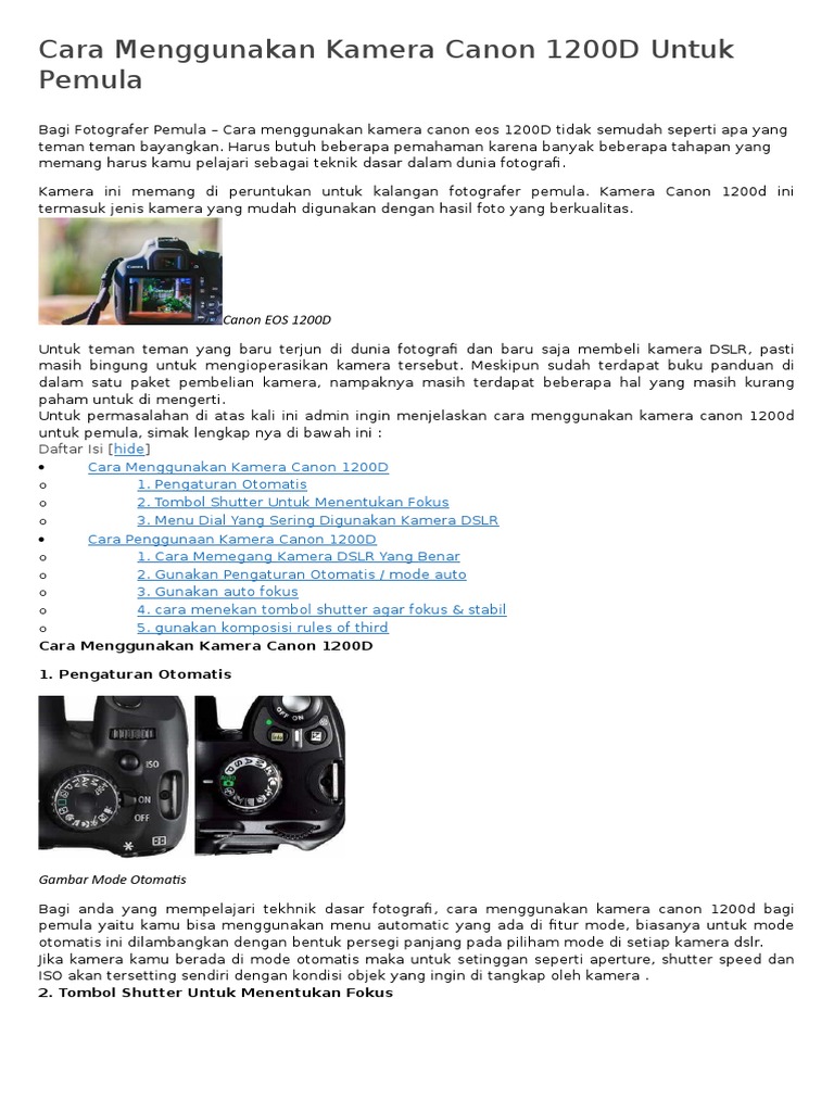Cara Menggunakan Kamera Canon 1200D Untuk Pemula | PDF