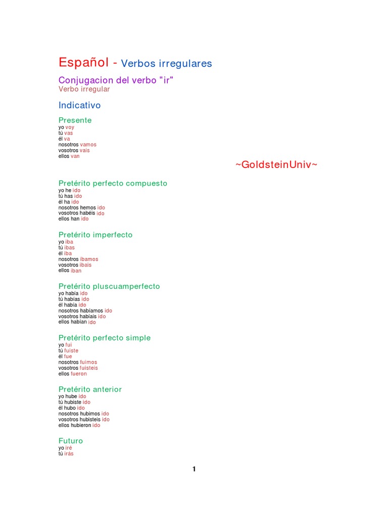 Español - Verbos Irregulares - Verbo Ir | Descargar gratis PDF ...