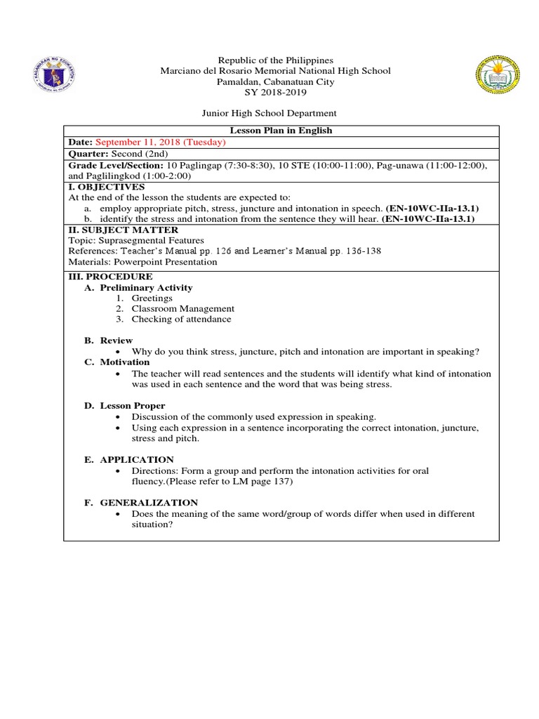 Junior High Lesson on Suprasegmental Features | PDF | Teachers ...