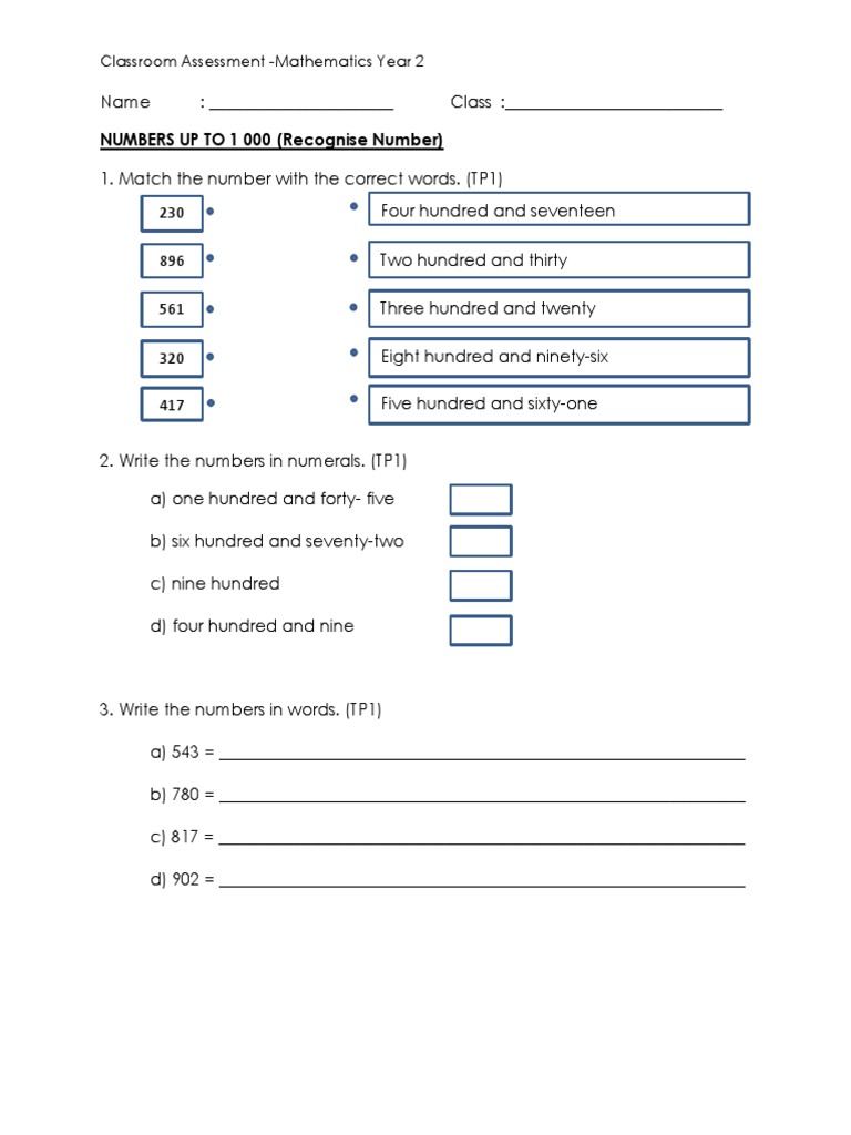 NUMBERS UP TO 1 000 (Recognise Number) : Classroom Assessment ...