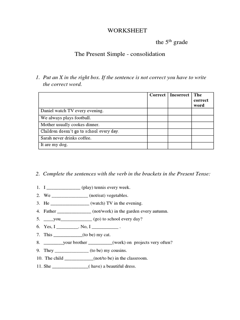 Present Simple Worksheet for 5th Grade | PDF | Language Arts & Discipline