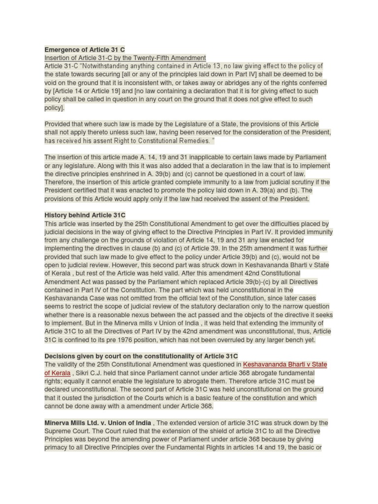 Emergence of Article 31 C: Keshavananda Bharti V State of Kerala ...
