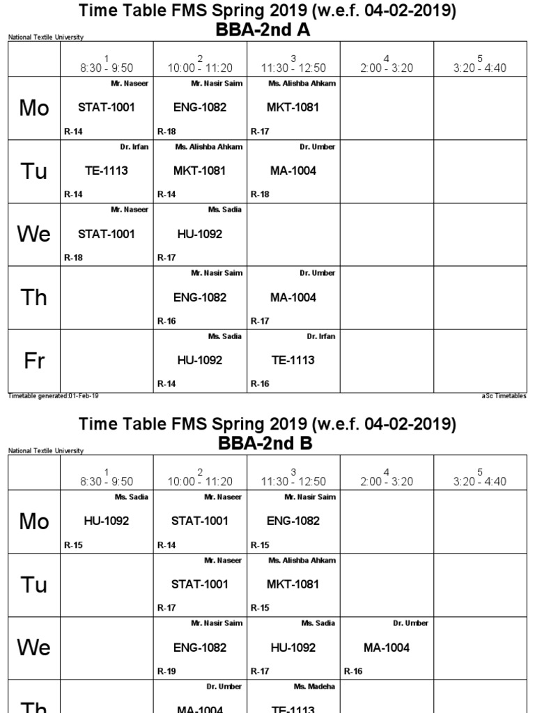 FMS Time Table Spring 2019 (W.e.f 04-02-2019) Classes | PDF