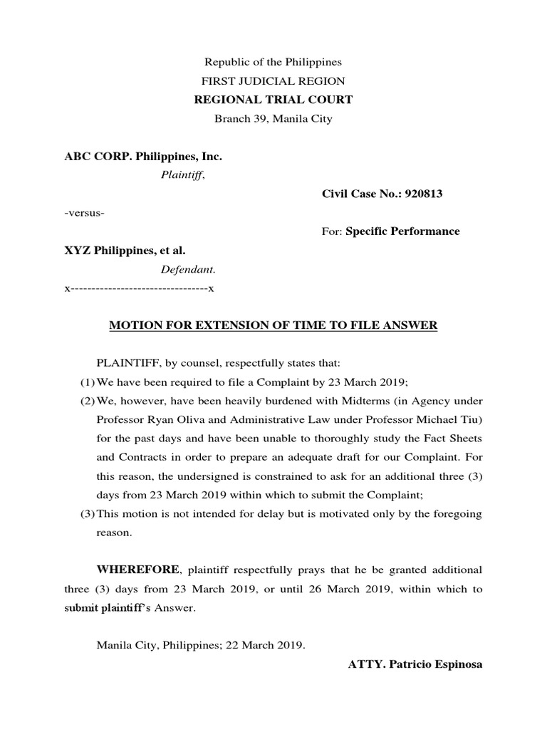 Motion for a Three Day Extension to File an Answer in the Civil Case Between ABC Corp ...