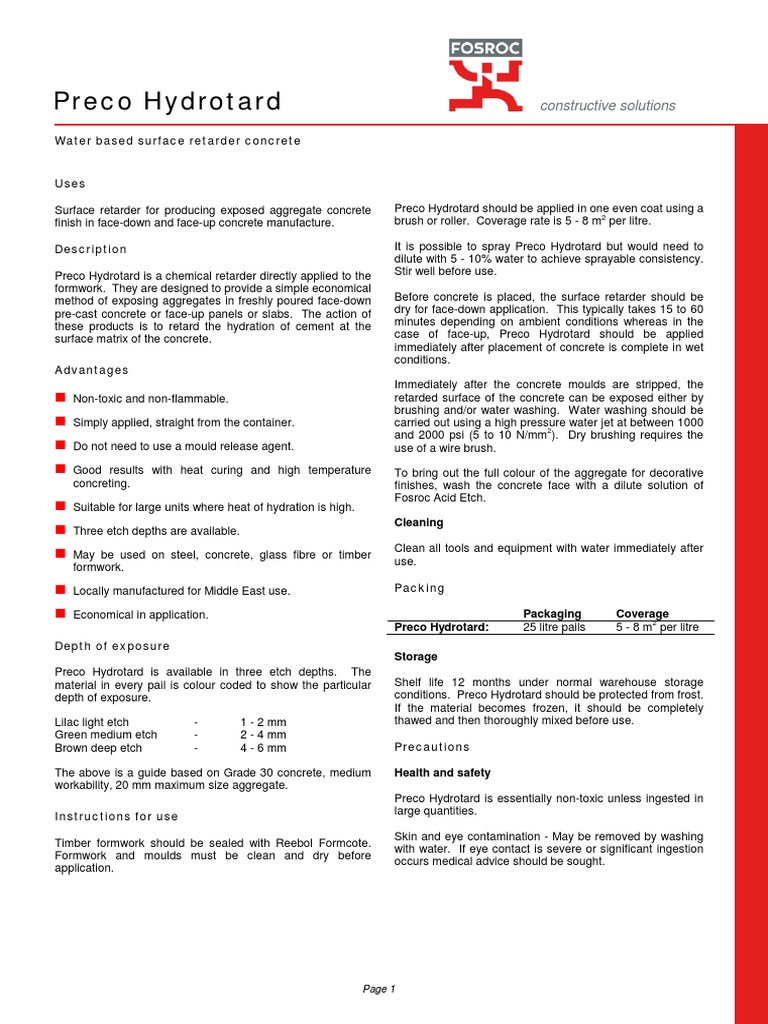 Preco Hydrotard: Water Based Surface Retarder Concrete | PDF | Concrete ...
