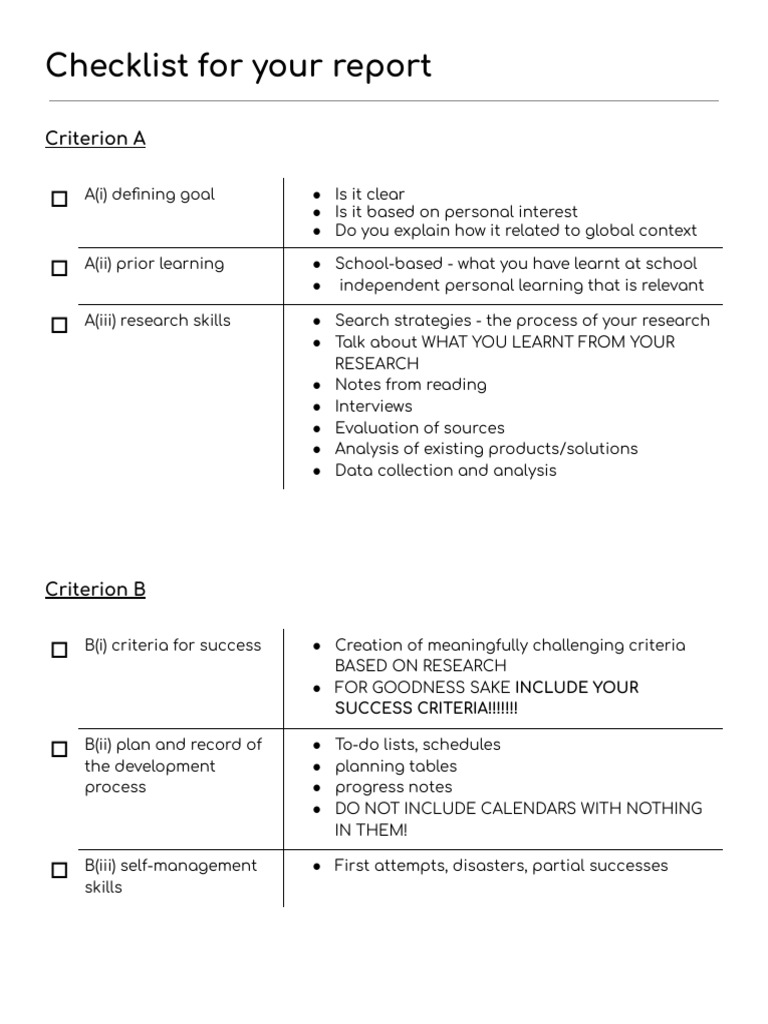 Checklist For Your Report: Criterion A | PDF | Rubric (Academic) | Learning