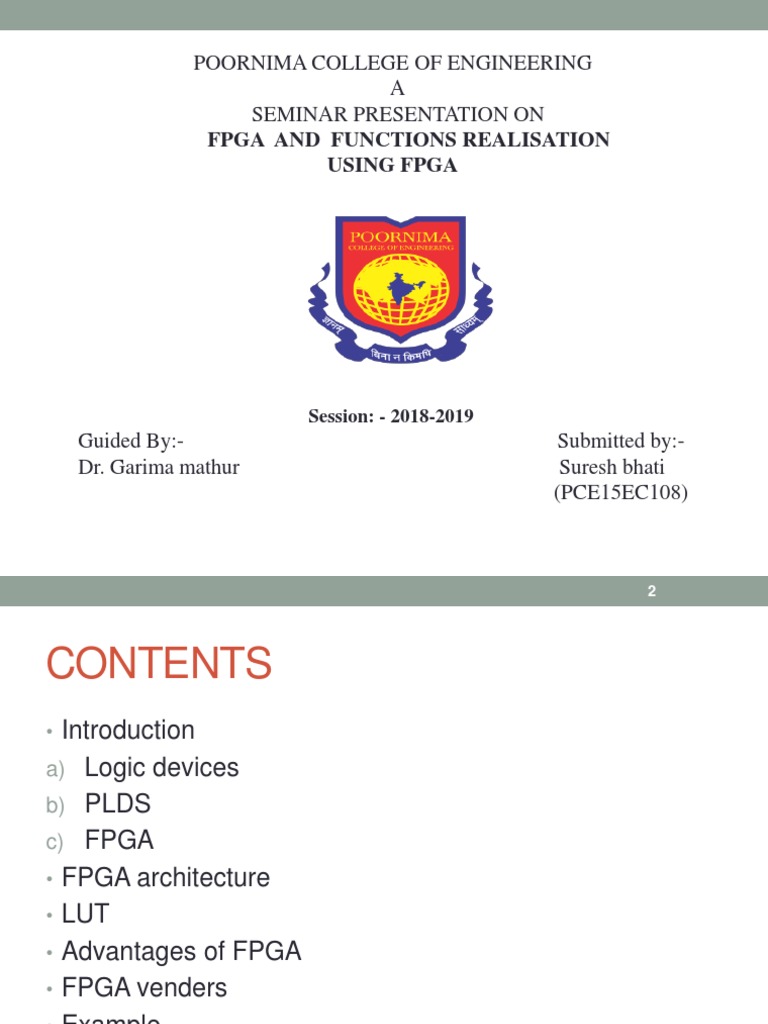 Poornima College of Engineering A Seminar Presentation On: Fpga and ...