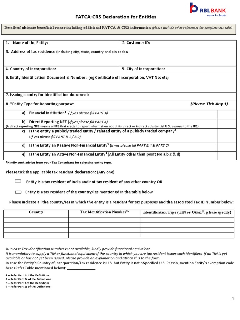 RBL Fatca Crs Declaration Entities | PDF | Securities (Finance) | Taxes