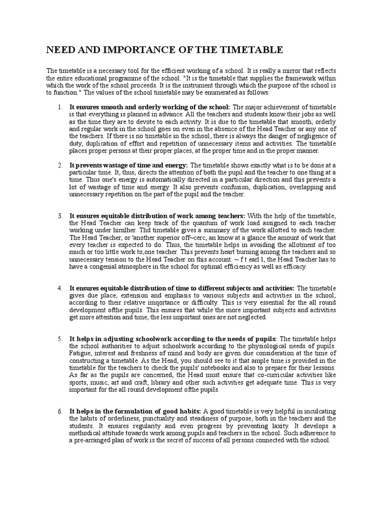 Importance of School Timetables | PDF | Homework | Teachers