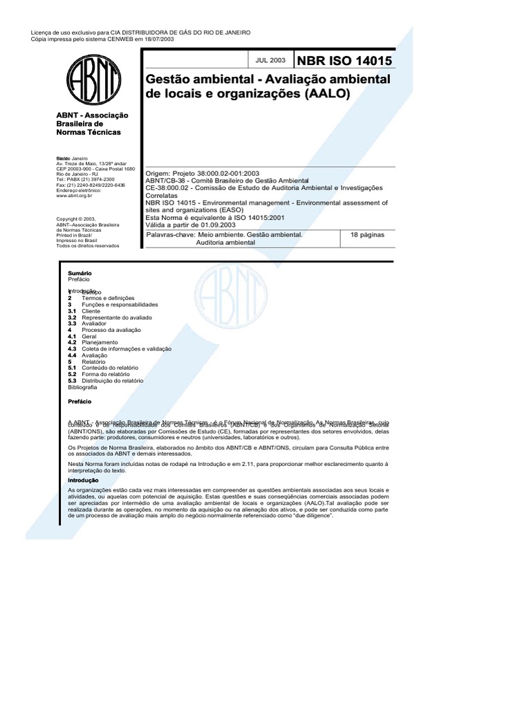 NBR ISO 14015 - 2003 Gestão Ambiental - Avaliação Ambiental de Locais e ...