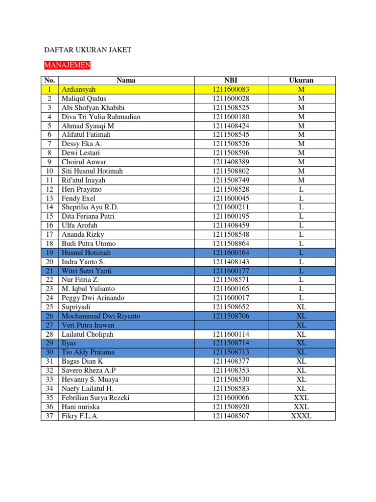 DAFTAR UKURAN JAKET Fix | PDF