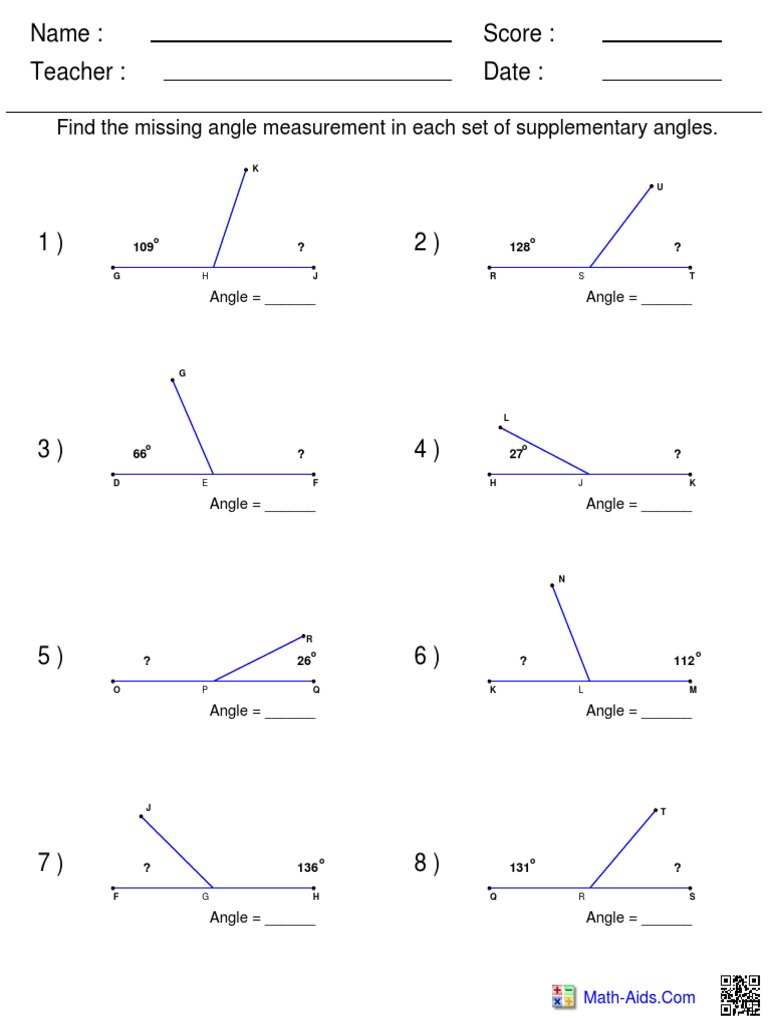 Name: Teacher: Date: Score:: Find The Missing Angle Measurement in Each ...