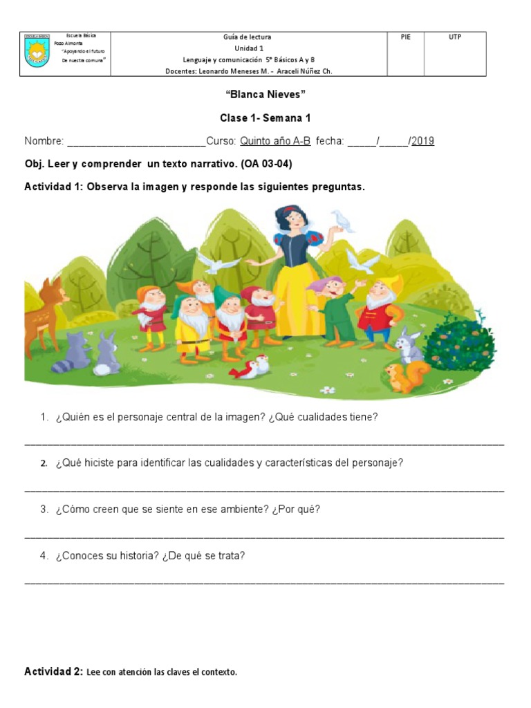 Comprensión Lectora Blanca Nieves | Blanco como la nieve