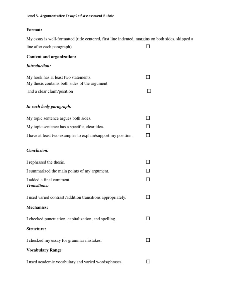Format:: Level 5-Argumentative Essay Self-Assessment Rubric | PDF