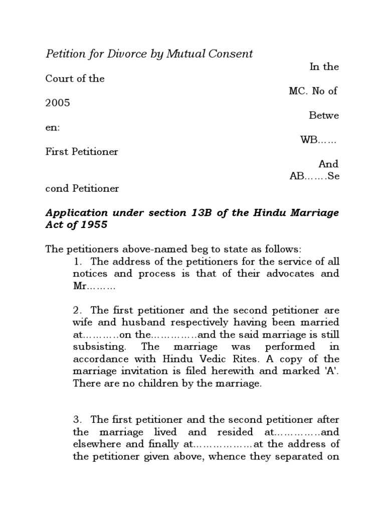 Petition for Divorce by Mutual Consent-Marriage Act-1773 | Marriage ...