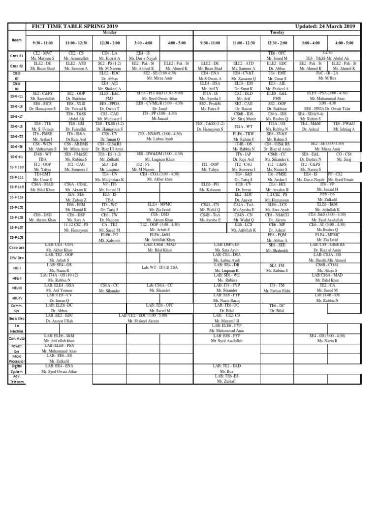 FICT Time Table Spring 2019 Updated On 24 March | PDF