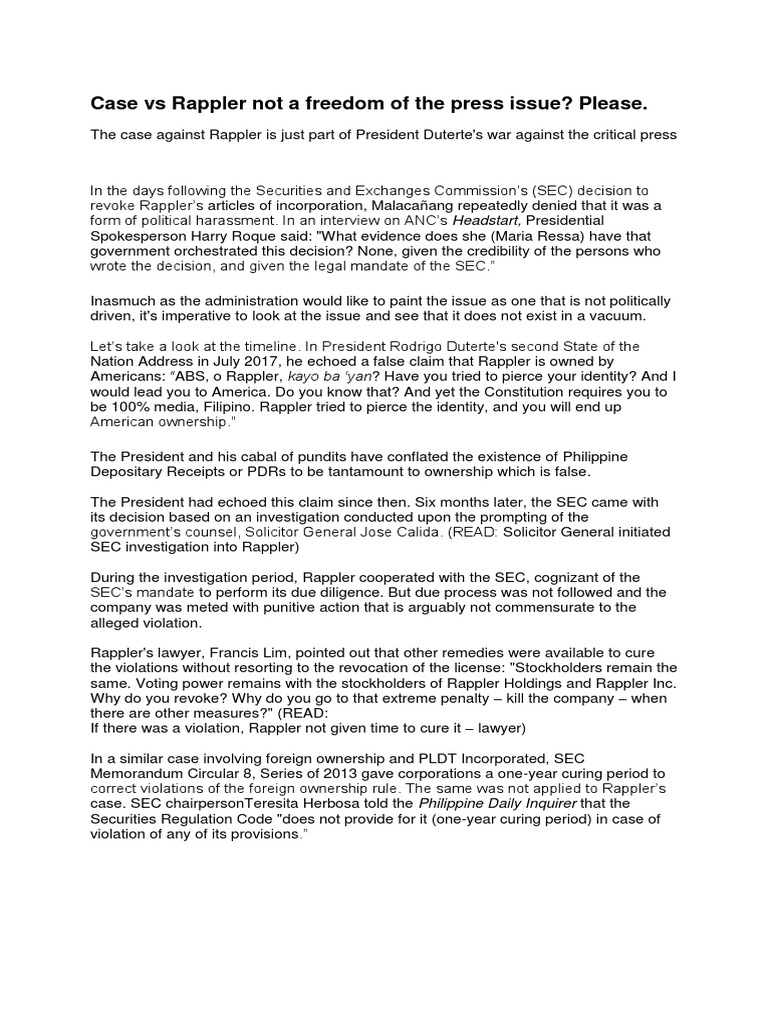 Case Vs Rappler Not A Freedom of The Press Issue | PDF | U.S ...