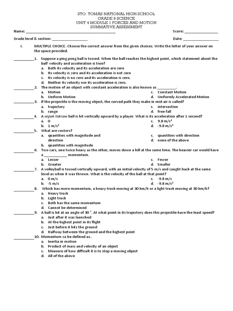 Grade 9 SUMMATIVE ASSESSMENT | PDF | Acceleration | Velocity
