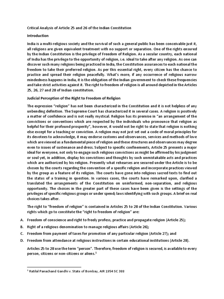 Critical Analysis of Article 25 and 26 of The Indian Constitution | PDF ...