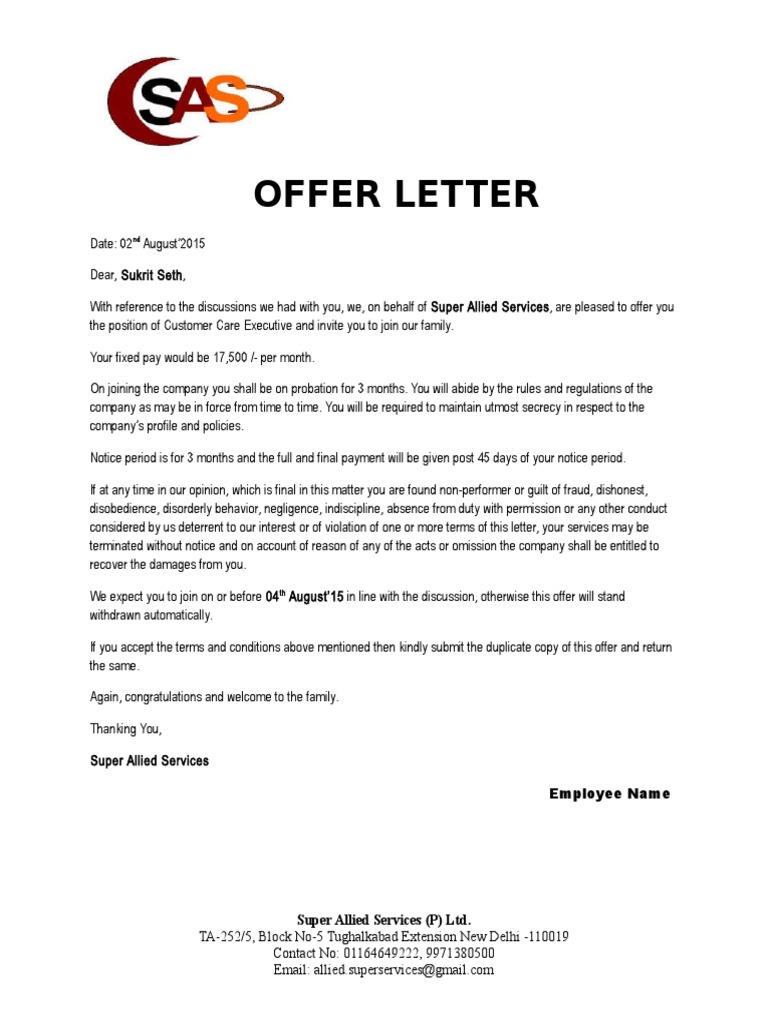 Offer Letter for Sukrit Seth | PDF | Civil Law (Legal System ...