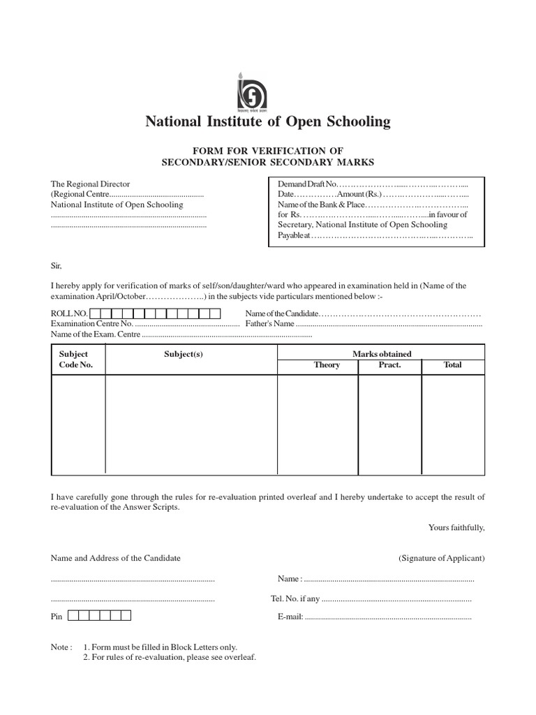 National Institute of Open Schooling: Form For Verification of ...