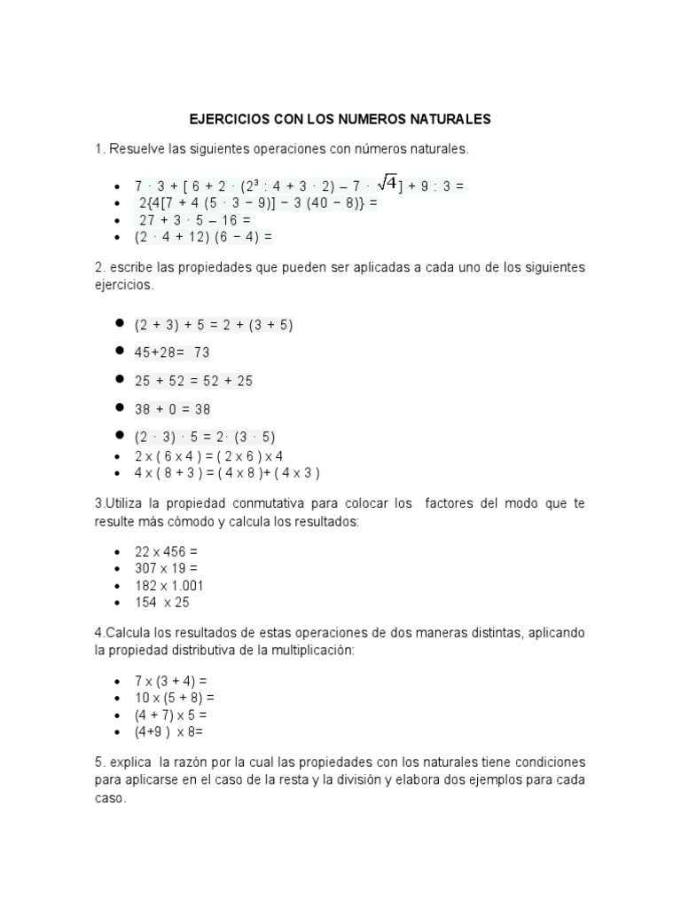 Ejercicios Con Los Numeros Naturales Pdf