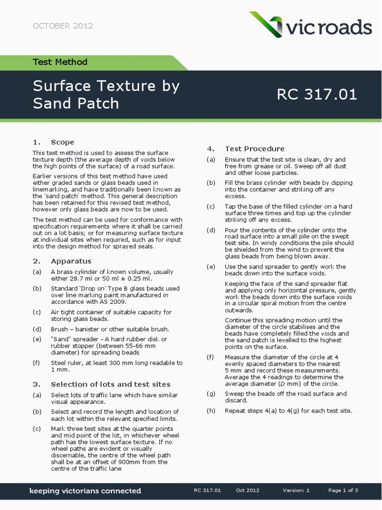 Test Method RC 31701 Surface Texture by Sand Patch | PDF | Road | Sand