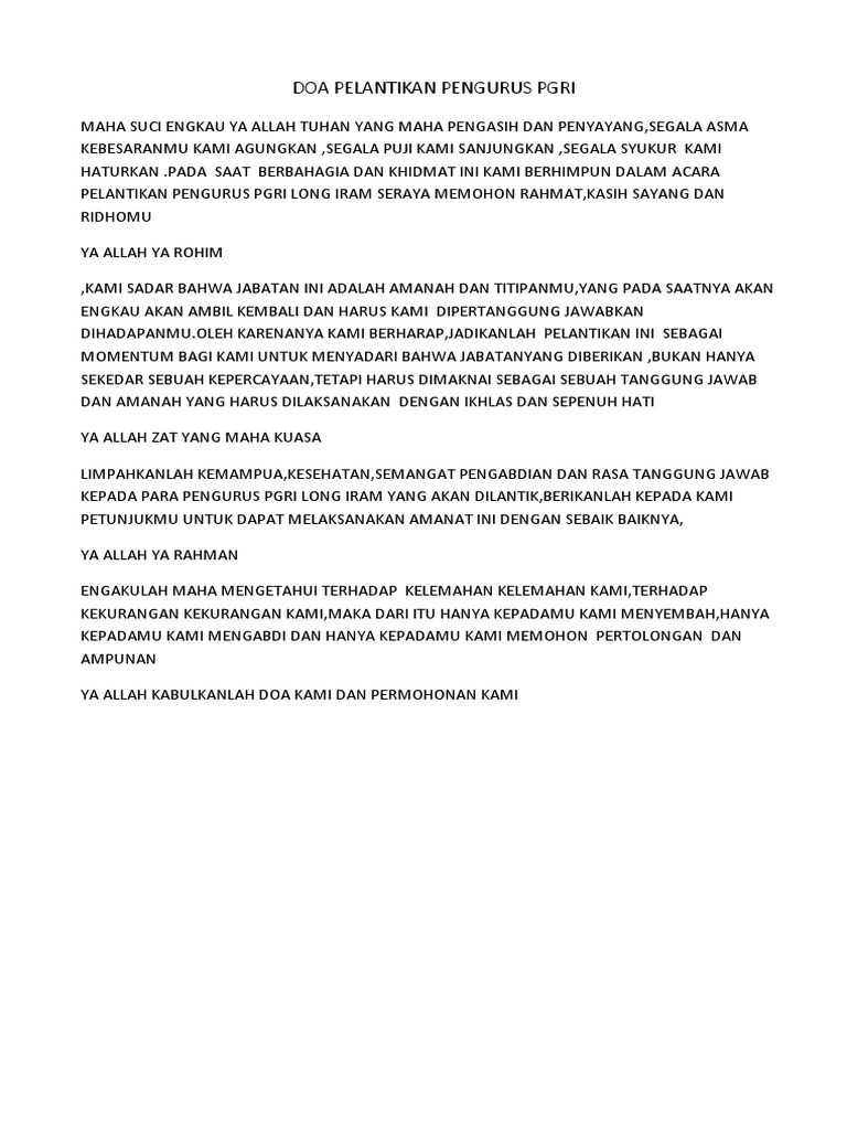 Doa Pelantikan Pengurus Pgri | PDF